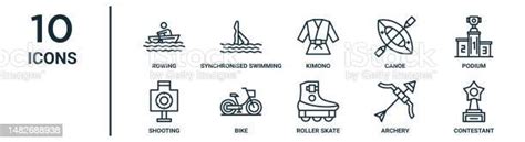 S 개요 아이콘 세트는 얇은 선 조정 기모노 연단 자전거 양궁 참가자 보고서 프리젠 테이션 다이어그램 웹 디자인에 대한 촬영 아이콘을 포함합니다 강단에 대한 스톡 벡터 아트