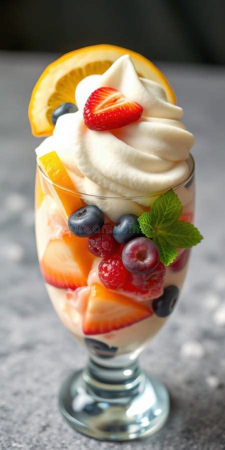 Colorful Fruit Parfait With Creamy Topping And Fresh Berries Served In