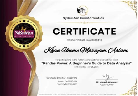Certificate In Pandas Power For Bioinformatics Umme Mariyam Aslam Khan Posted On The Topic