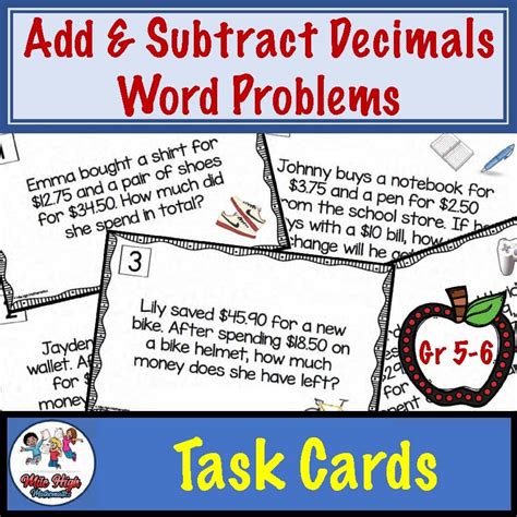 Add And Subtract Decimals Task Cards Activity Decimal Word Problems