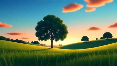 Premium Photo A Field With A Tree And A Sky With Clouds