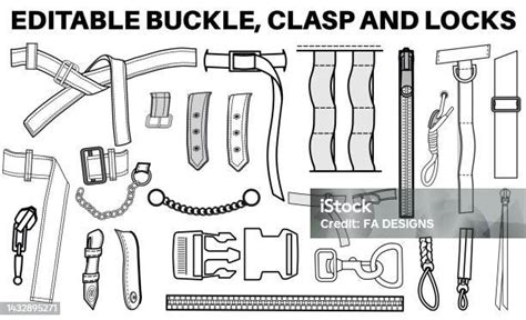 버클 슬라이더 및 걸쇠 플랫 스케치 벡터 일러스트 레이 션 세트 다양한 유형의 가방 액세서리 백 팩을위한 자물쇠 및 버클 등반 장비 의류 드레스 패스너 및 의류 벨트 허리