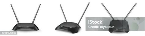 Wifi Router Depan Atas Sudut Dan Sisi Tampilan Mockup Ilustrasi Stok