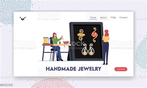 여자는 비주테리 랜딩 페이지 템플릿을 만듭니다 구리 와이어 끈과 다채로운 구슬의 보석을 만드는 여성 캐릭터 Diy에 대한 스톡