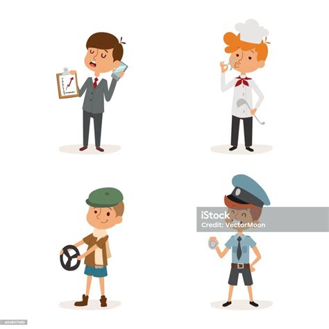 만화 직업 아이 어린이 벡터 그림 사람 어린 시절 요리사 경찰관 의사 드라이버 사업가 유니폼 작업자 문자 설정 개념에 대한 스톡