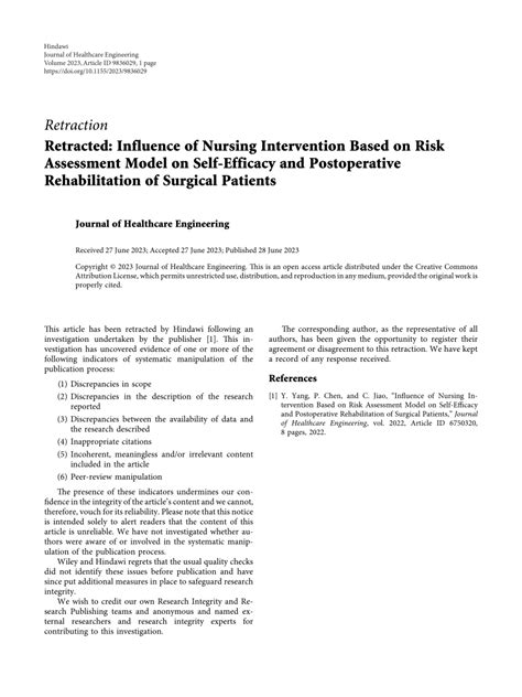 Pdf Retracted Influence Of Nursing Intervention Based On Risk Assessment Model On Self