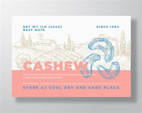 신선한 지역 캐슈 식품 라벨 템플릿 추상 벡터 포장 디자인 레이아웃 손으로 그린 견과류와 시골 풍경 배경이 격리된 현대적인