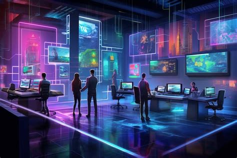 Premium Ai Image People Standing In A Room With Multiple Monitors And