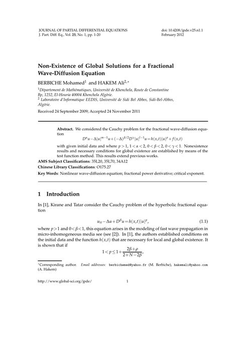 Pdf Non Existence Of Global Solutions For A Fractional Wave Diffusion Equation