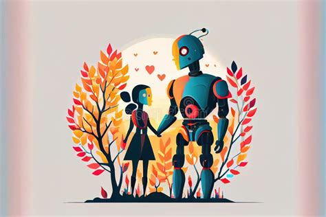 Robot And Human In Love Futuristic Concept Of Relationship Between