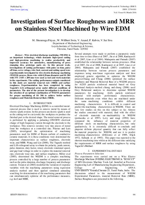 Pdf Investigation Of Surface Roughness And Mrr On Stainless Steel Machined By Wire Edm