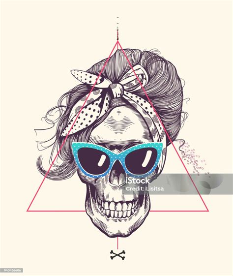 멋진 스카프와 Hipster 추상 배경 안경 착용 유행 헤어스타일으로 목 판 스타일에 여자의 해골 벡터 일러스트 레이 션 티셔츠 인쇄 포스터 엽서 등으로 사용할 수 있습니다