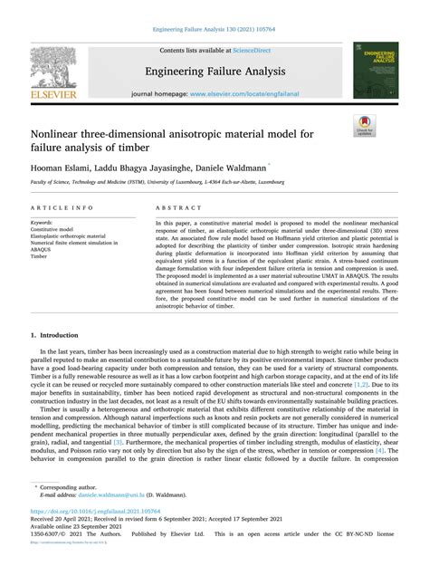 PDF Nonlinear Three Dimensional Anisotropic Material Model For Failure Analysis Of Timber
