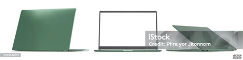 녹색 노트북의 3d 이미지 흰색 배경에 고립 된 다른 각도에서 앞면과 뒷면 보기 빈 화면 디스플레이가 있는 사실적인 노트북 녹색 모형 3d 벡터 일러스트 레이 션 3차원