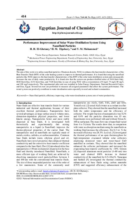 Pdf Performance Improvement Of Solar Water Distillation System Using Nano Fluid Particles