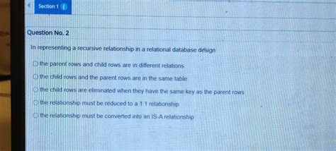Question No 2 In Representing A Recursive Relationship In A Relational Database Design The