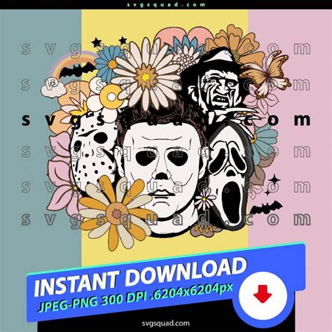 Floral Horror Movie Characters Png Retro Halloween Sublimation Jason Scream Freddy Michael
