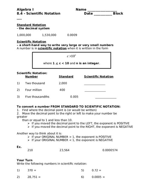 Comparing And Ordering Numbers In Scientific Notation Doc Template