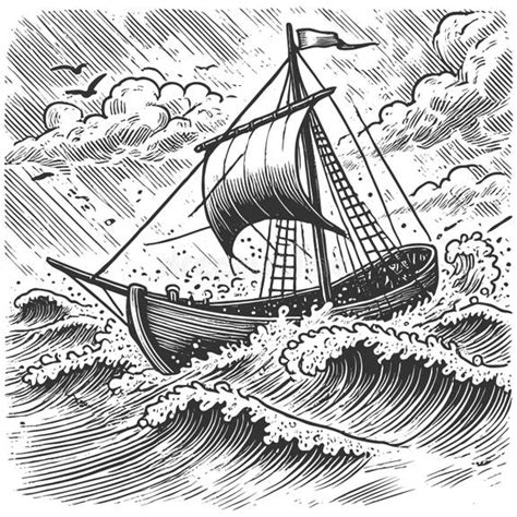 Sailing Ship In Stormy Seas Vector Illustration Stock Vector