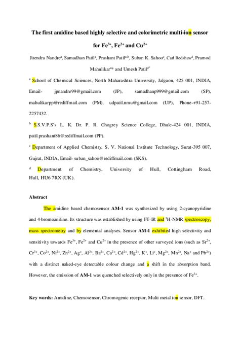 Pdf The Amidine Based Colorimetric Sensor For Fe3 Fe2 And Cu2 In Aqueous Medium Pramod