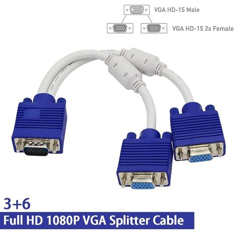 Vga Splitter Cable Dual Vga Monitor Y Cable 1 Male To 2 Female Adapter