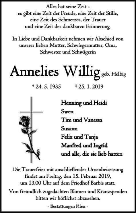 Traueranzeigen Von Annelies Willig Harztrauerde