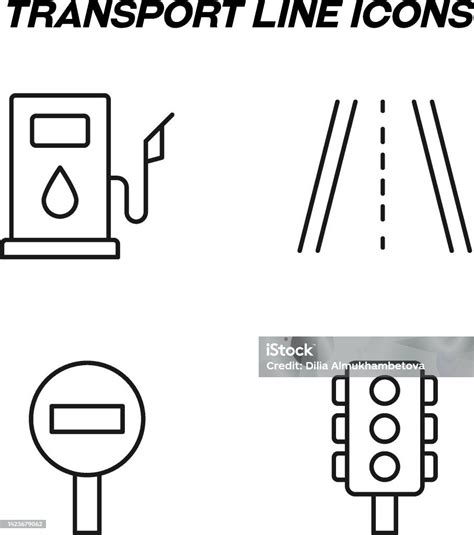 검은 색 얇은 선으로 그려진 단색 고립 된 기호 상점 상점 광고에 적합합니다 주유소 도로 정지 표지판 신호등의 표지판이있는 벡터 아이콘 세트 0명에 대한 스톡 벡터 아트 및
