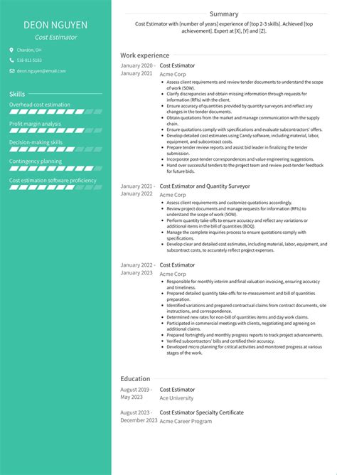 Cost Estimator Resume Examples And Templates
