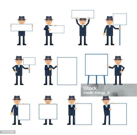 다른 빈 배너와 함께 포즈를 취하는 탐정 캐릭터의 큰 세트 화이트 보드를 가리키는 종이 포스터 플래카드를 들고 쾌활한 검사관 교육 광고 홍보 가리키기에 대한 스톡 벡터 아트