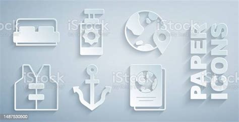 앵커 지구본 위치 구명 조끼 여권 자외선 차단제 스프레이 병 및 호텔 객실 침대 아이콘을 설정합니다 벡터 3차원 형태에 대한 스톡 벡터 아트 및 기타 이미지 Istock
