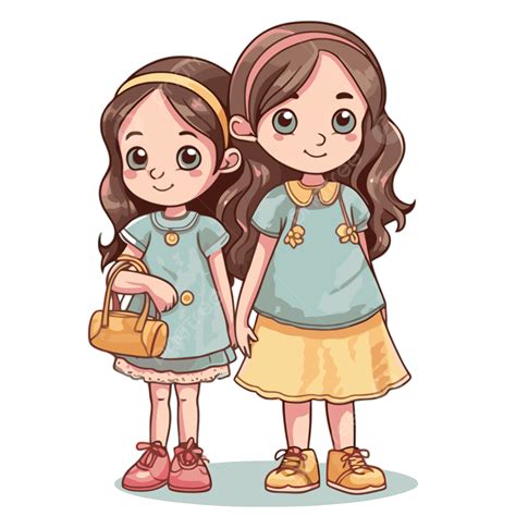 Two Sisters Vector Sticker Clipart Two Cartoon Cartoon Girls With Purse Sticker Clipart Png