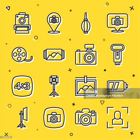 라인 카메라 초점 프레임 라인 카메라용 배터리 사진 플래시 먼지 송풍기 필름 릴 및 아이콘을 설정합니다 벡터 4에 대한 스톡 벡터 아트 및 기타 이미지 Istock