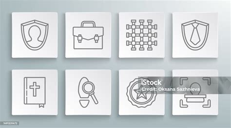 라인 성경 책 서류 가방 발자국이 있는 돋보기 경찰 배지 얼굴 인식 감옥 창 넥타이 및 사용자 보호 아이콘을 설정합니다 벡터