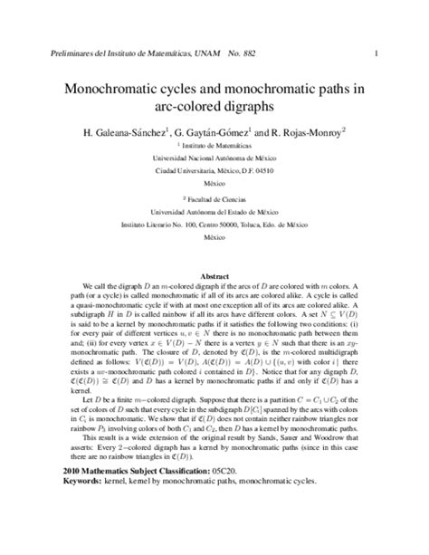 Pdf Monochromatic Cycles And Monochromatic Paths In Arc Colored Digraphs Rocío Rojas Monroy