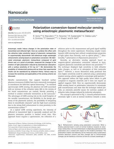 Pdf Polarization Conversion Based Molecular Sensing Using Anisotropic Plasmonic Metasurfaces