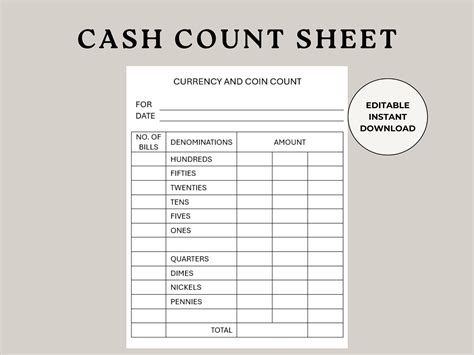 Cash Count Sheet Cash Count Form Cash Drawer Sheets Closing Cash