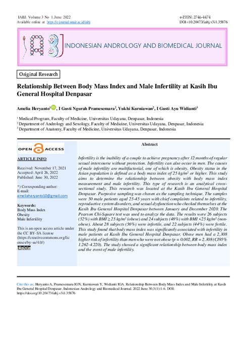 Pdf Relationship Between Body Mass Index And Male Infertility At Kasih Ibu General Hospital