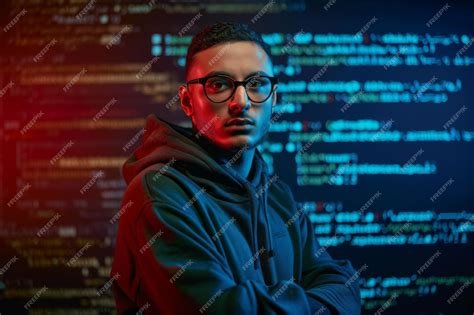 Young Arabian Programmer Against Coding Background Portrait Of Serious