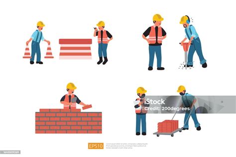 Construction Builder 문자 집합입니다 도로에 펜싱 경고 콘을 설치하고 작업자는 착암기로 노면을 뚫고 벽돌 벽을 쌓고 벽돌을 운반합니다 건설 노동자의 벡터