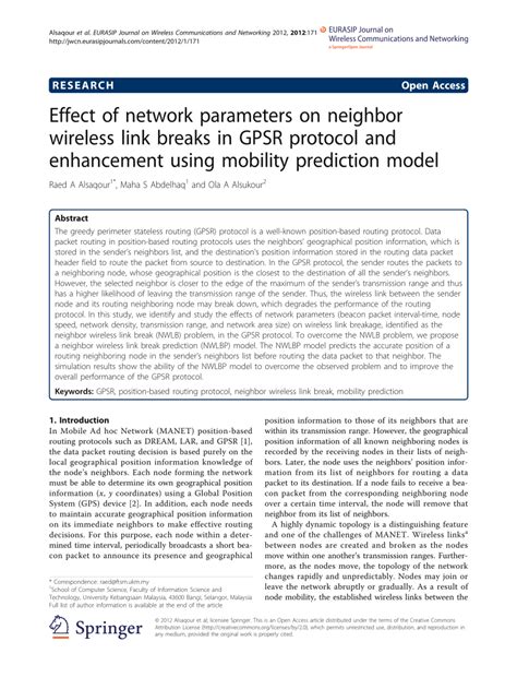 pdf effect of network parameters on neighbor wireless link breaks in gpsr protocol and