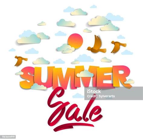여름 판매 배너 광고 디자인 레이아웃 새 태양과 하늘에 구름 종이 컷 및 리본 단어 벡터 현대 스타일 만화 종이 잘라 3d 그림 3차원 형태에 대한 스톡 벡터 아트 및 기타