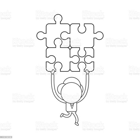 4 개의 연결된 직소 퍼즐 조각을 실행하고 들고 사업가 캐릭터의 벡터 그림 검은색 윤곽선 개념에 대한 스톡 벡터 아트 및 기타 이미지 Istock
