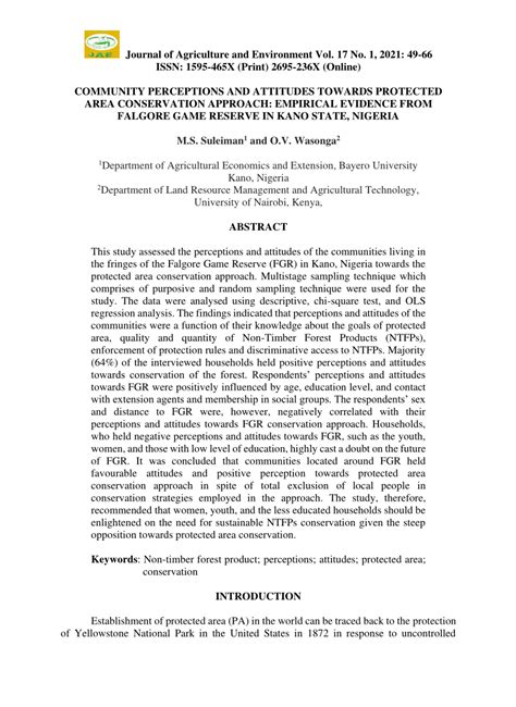 Pdf Community Perceptions And Attitudes Towards Protected Area