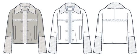 가죽 자켓 테크니컬 패션 일러스트레이션입니다 폭격기 자켓 패션 플랫 기술 도면 템플릿 래글런 벨 슬리브 버튼 인조 모피 전면 및 후면도 화이트 그레이 여성 남성 유니섹스