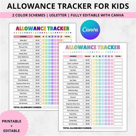 Allowance Tracker Printable Calendar Productivity Hacks