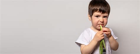 어린 소년은 신선한 파와 찡그린 얼굴을 먹고 그의 취향에서 왜곡 식단에 어린이 채소 및 채소의 적절한 영양 흰색 배경 장소 복사