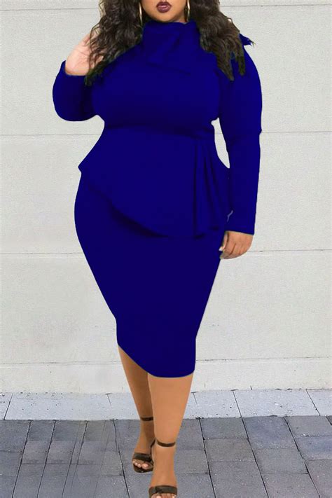 Fashion Sexy Long Sleeve Tibetan Blue Plus Size Dress