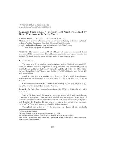 Pdf Sequence Space Mm φf Of Fuzzy Real Numbers Defined By Orlicz Functions With Fuzzy Metric