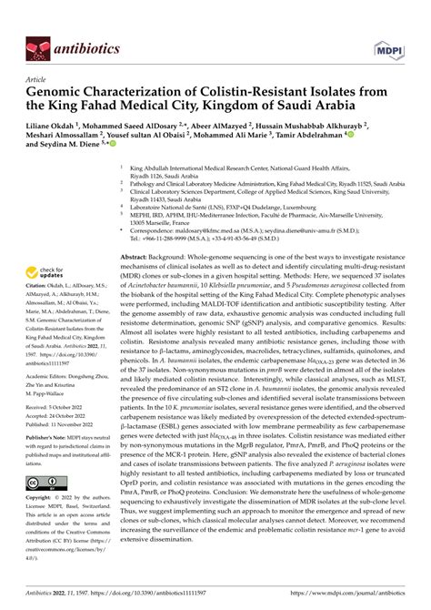 Pdf Genomic Characterization Of Colistin Resistant Isolates From The King Fahad Medical City