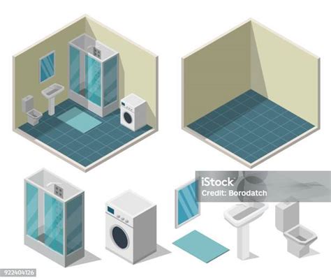 욕실 평면 배경의 아이소메트릭 인테리어 벡터 일러스트 레이 션 현대 등측투영법에 대한 스톡 벡터 아트 및 기타 이미지 등측투영법 화장실 건축물 대패 Istock